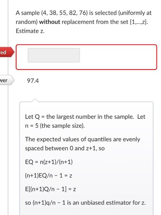 Solved A sample (4,38,55,82,76) is selected (uniformly at | Chegg.com