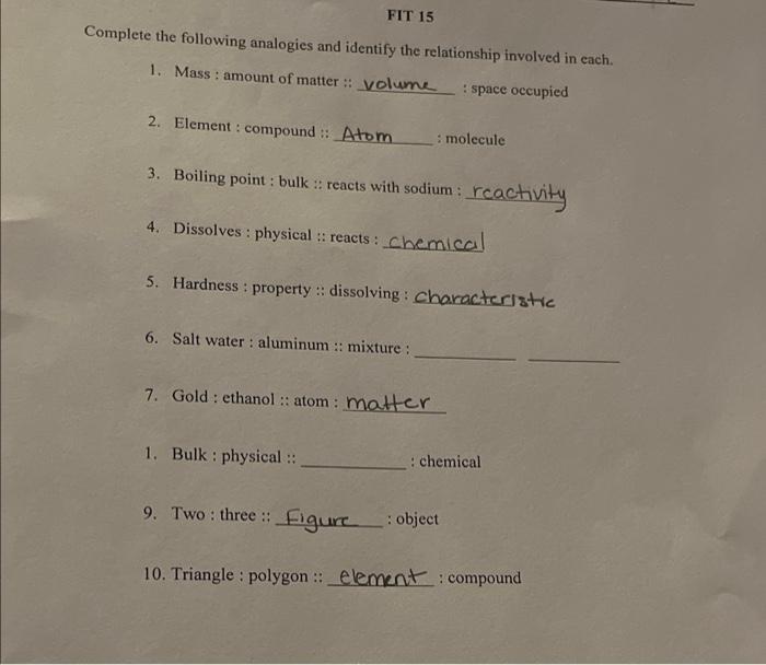 Solved FIT 15 Complete the following analogies and identify | Chegg.com
