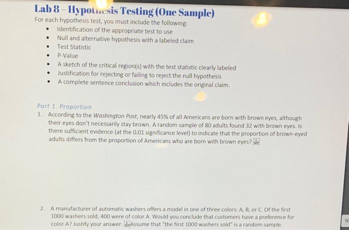 Solved Lab 8 -Hypotucsis Testing (One Sample) For each | Chegg.com