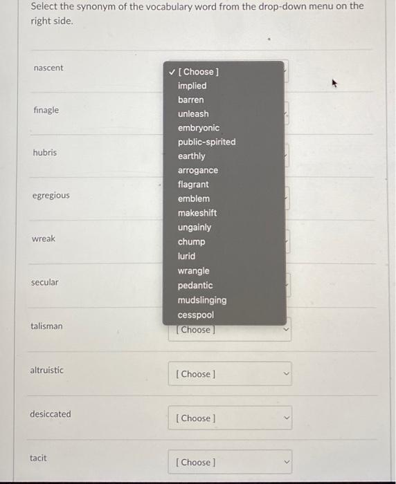 Select the synonym of the vocabulary word from the | Chegg.com