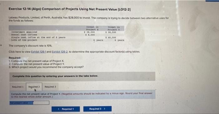 Solved Exercise 12-14 (Algo) Comparison of Projects Using | Chegg.com