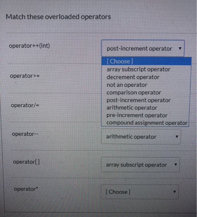 Solved Match these overloaded operators operator++(int) | Chegg.com
