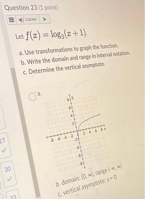 Solved Let f(x)=log3(x+1) a. Use transformations to graph | Chegg.com