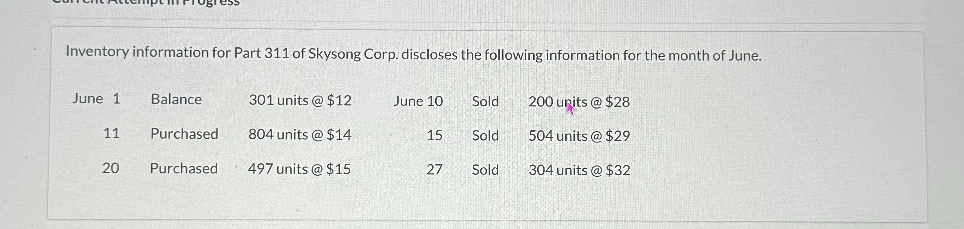 Solved Inventory information for Part 311 ﻿of Skysong Corp. | Chegg.com