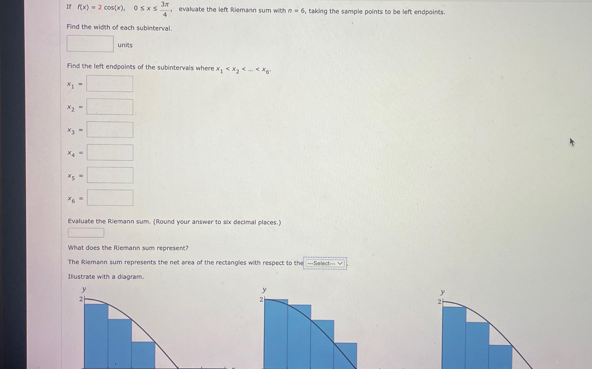 Solved If f(x)=2cos(x),0≤x≤3π4, ﻿evaluate the left Riemann | Chegg.com