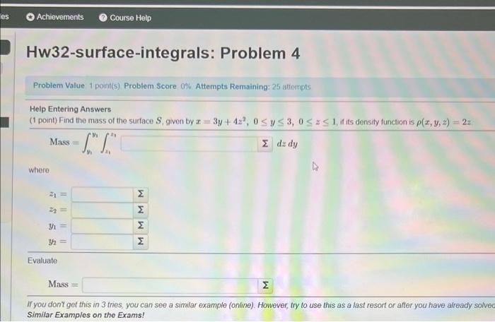 (1 point) Find the mass of the surface S, given by | Chegg.com