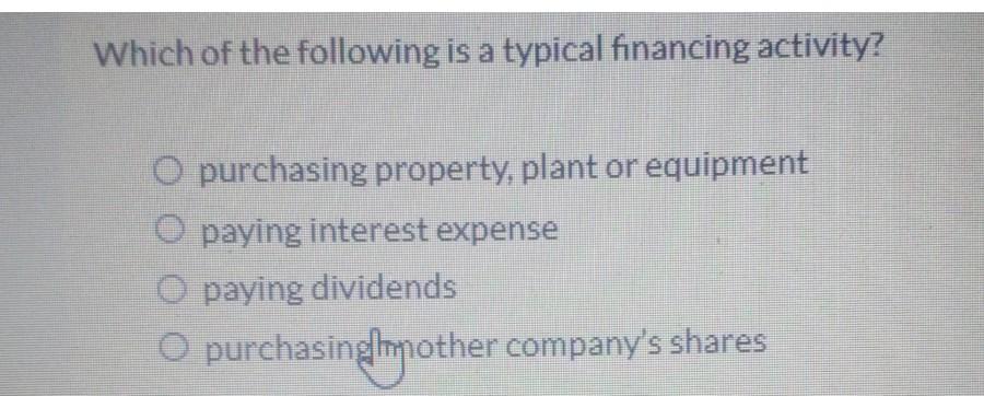 Solved Which of the following is a typical financing | Chegg.com