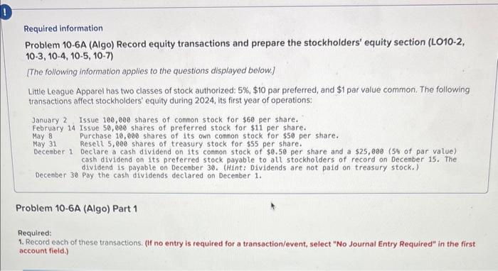 Solved Required information Problem 10-6A (Algo) Record | Chegg.com