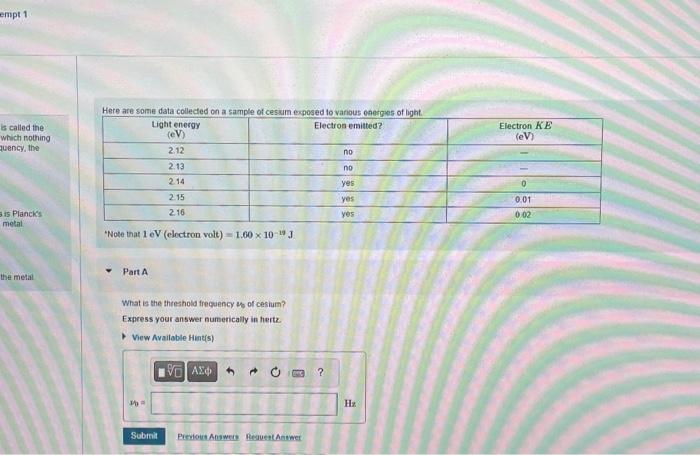 Solved What is the threshold frequency v0 of cesium?Express | Chegg.com