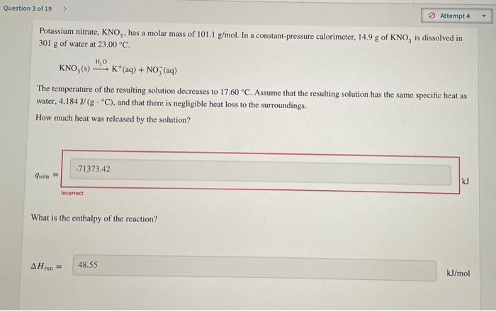 Solved Potassium nitrate, KNO3, has a molar mass of 101.1 | Chegg.com