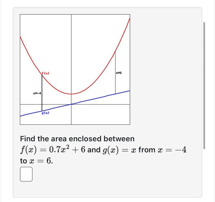 Solved Find the area enclosed between f(x)=0.7x2+6 and | Chegg.com