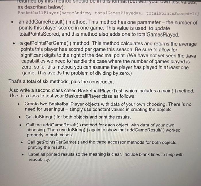 Solved Basketball Player Write a Java class called | Chegg.com