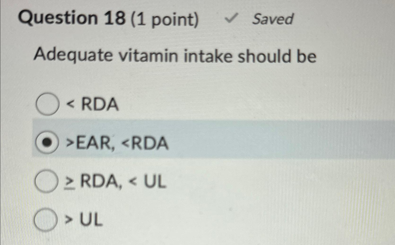 Solved Question 18 (1 ﻿point) ﻿SavedAdequate vitamin intake | Chegg.com