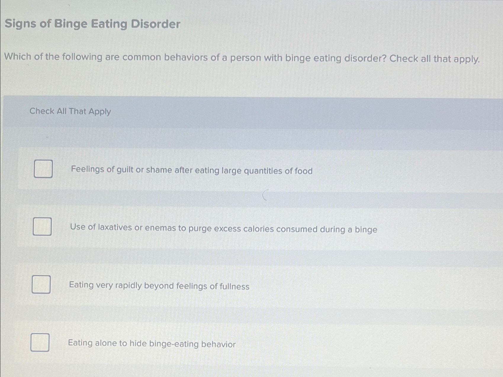 Solved Signs of Binge Eating DisorderWhich of the following | Chegg.com
