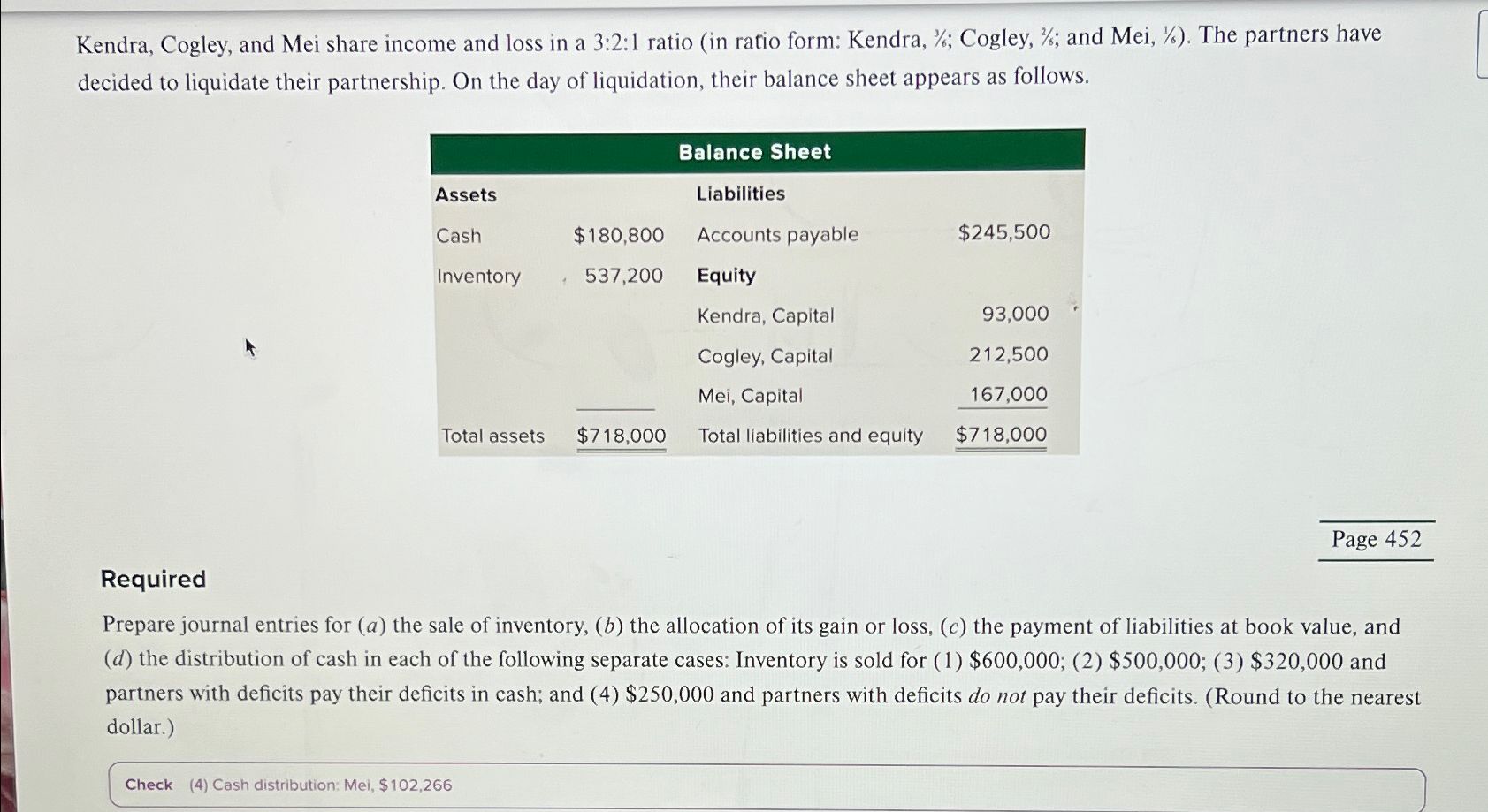 Solved Kendra, Cogley, and Mei share income and loss in a | Chegg.com