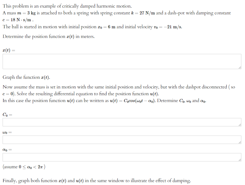 Solved This problem is an example of critically damped | Chegg.com