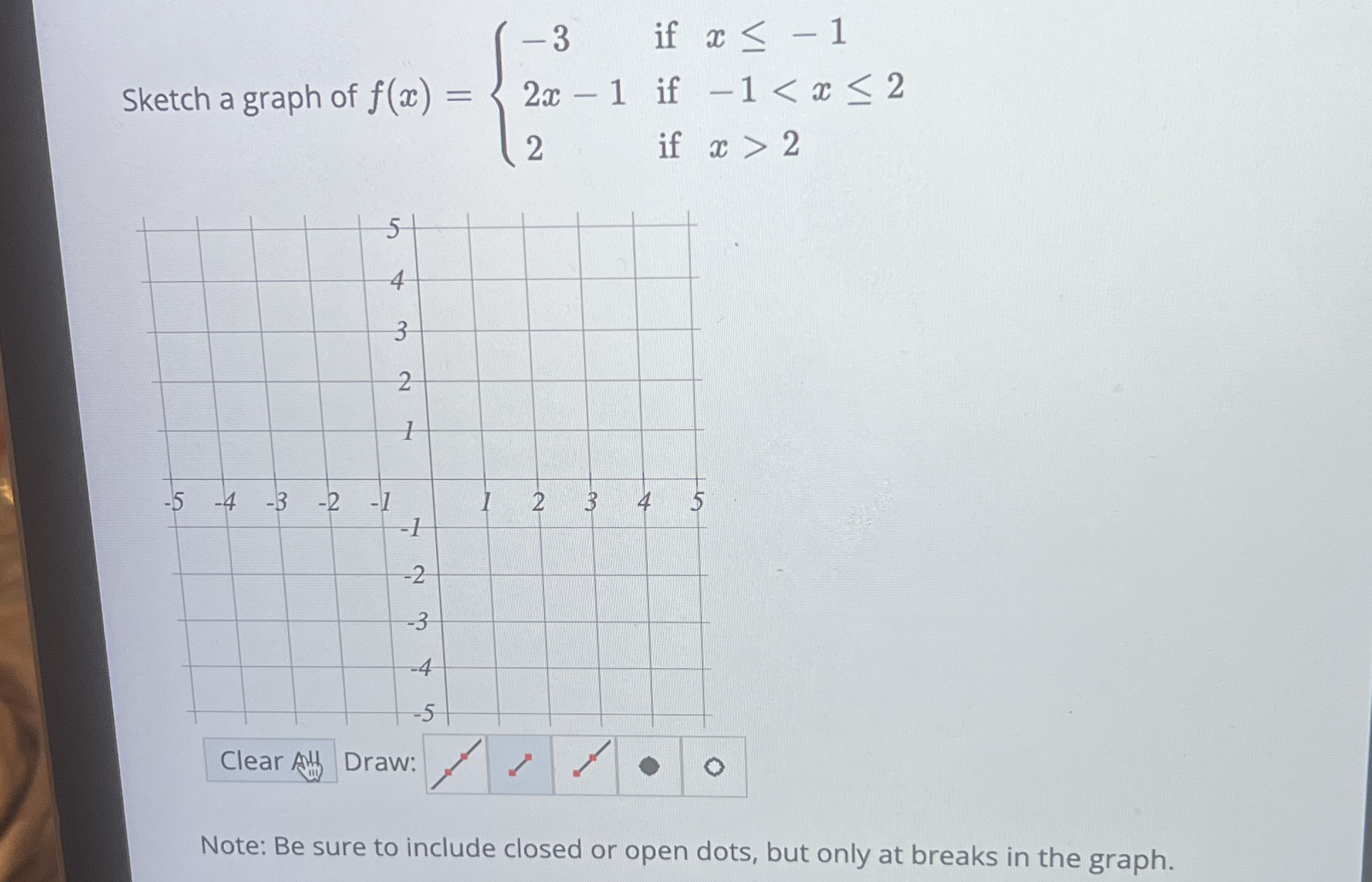 Sketch a graph of f(x)={-3 if x≤-12x-1 if -12Note: Be | Chegg.com