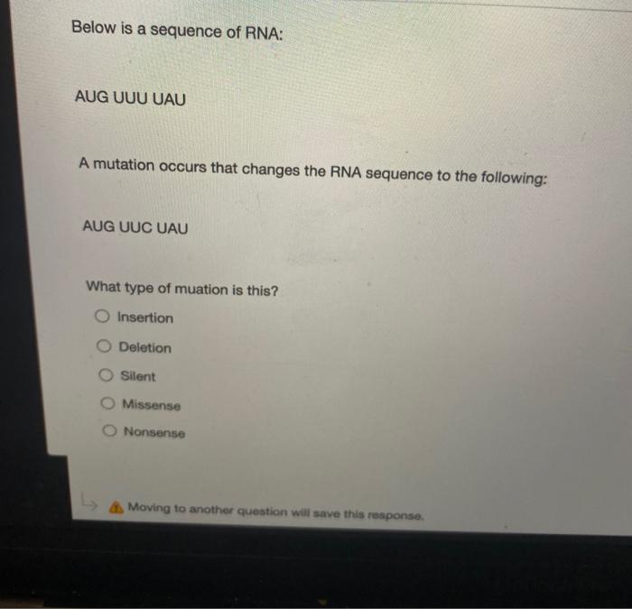Solved Below is a sequence of RNA: AUG UUU UAU A mutation | Chegg.com