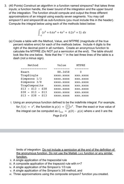 Solved 3. (40 Points) Construct an algorithm in a function | Chegg.com