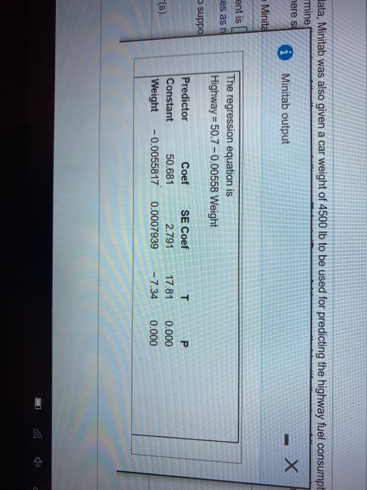 Solved The Minitab output shown below was obtained by using | Chegg.com