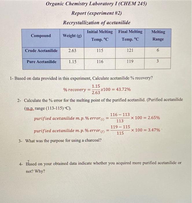 Solved Organic Chemistry Laboratory I (CHEM 245) Report | Chegg.com