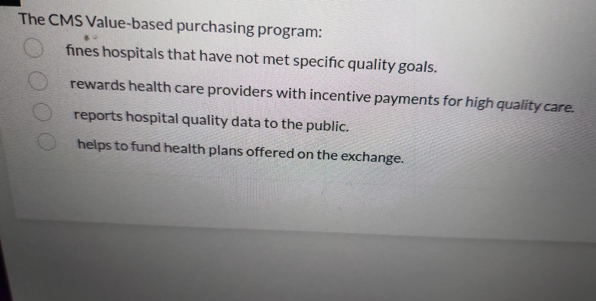 Solved The CMS Value-based purchasing program: O fines | Chegg.com