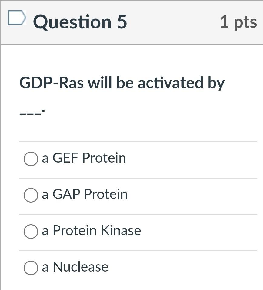 Solved Question 5 1 pts GDP-Ras will be activated by O a GEF | Chegg.com