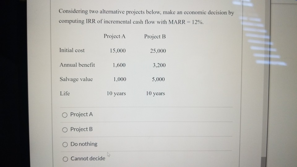 Solved Considering two alternative projects below, make an | Chegg.com