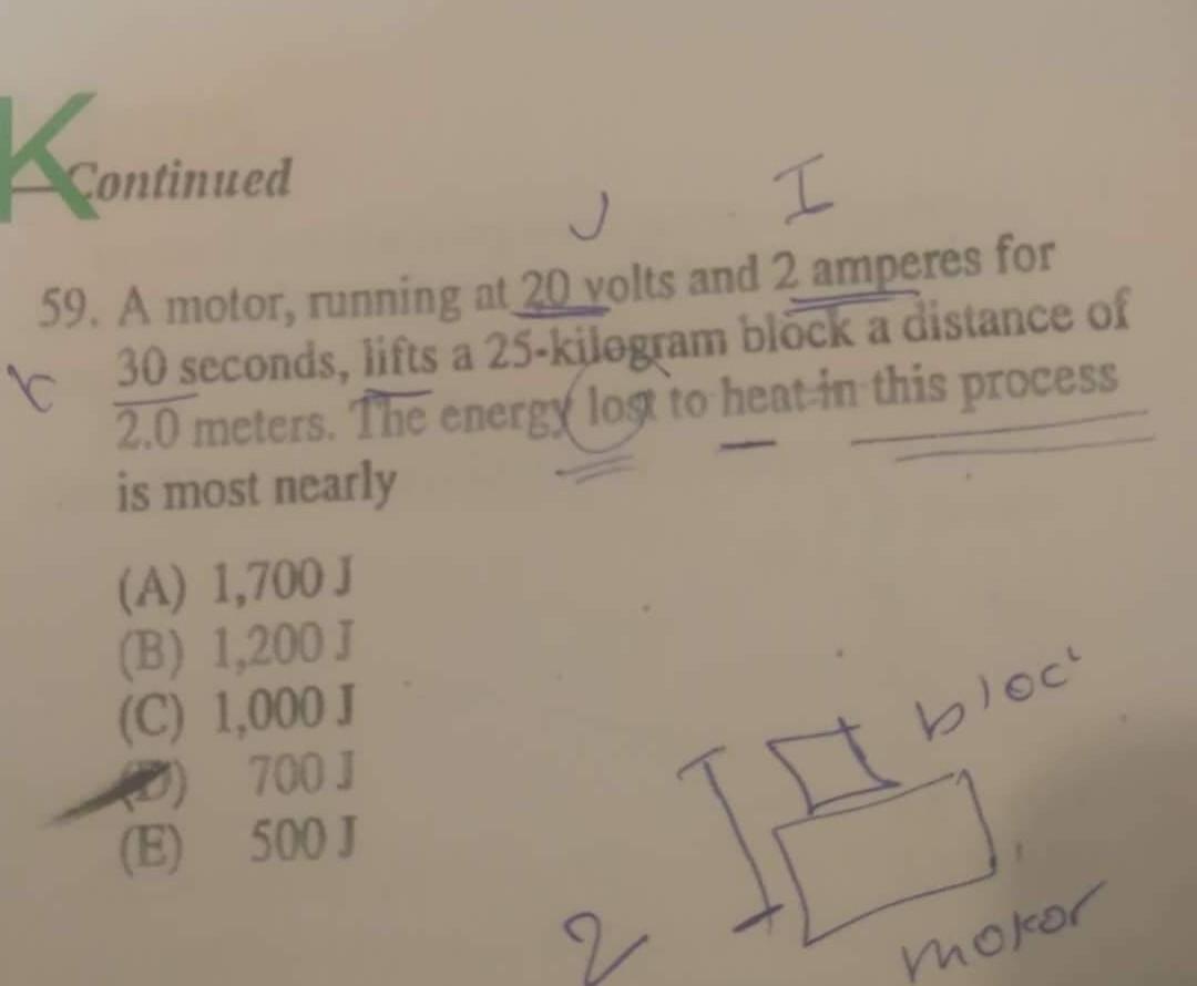 Solved 59. A motor, nunning at 20 yolts and 2 amperes for | Chegg.com