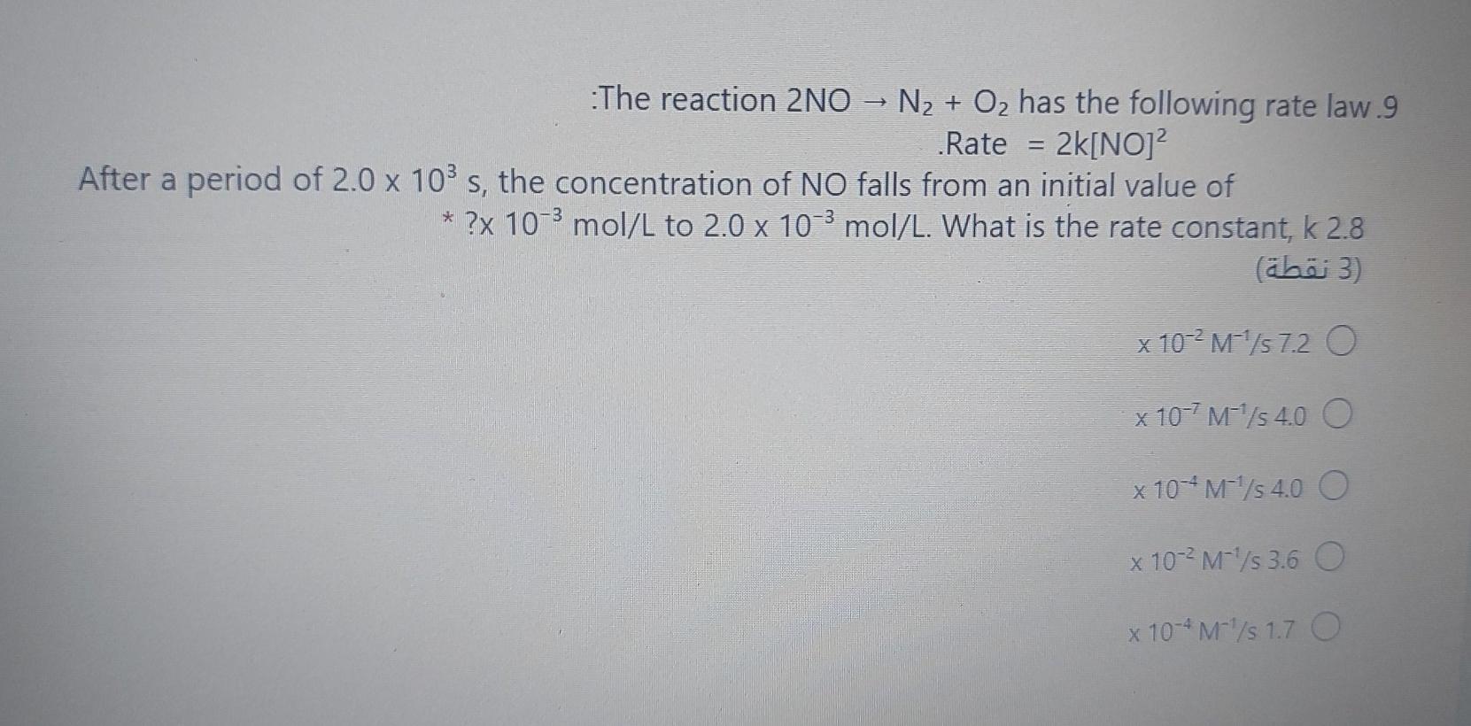 Solved The reaction 2NO N2 + O2 has the following rate law.9 | Chegg.com