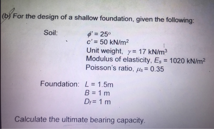 Solved (b) For the design of a shallow foundation, given the | Chegg.com