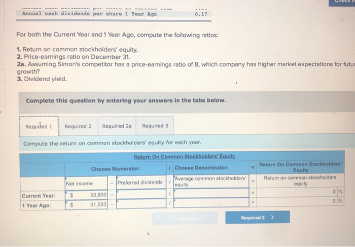 Solved Annual cash dividends per share 1 Year Ago 0.17 For | Chegg.com