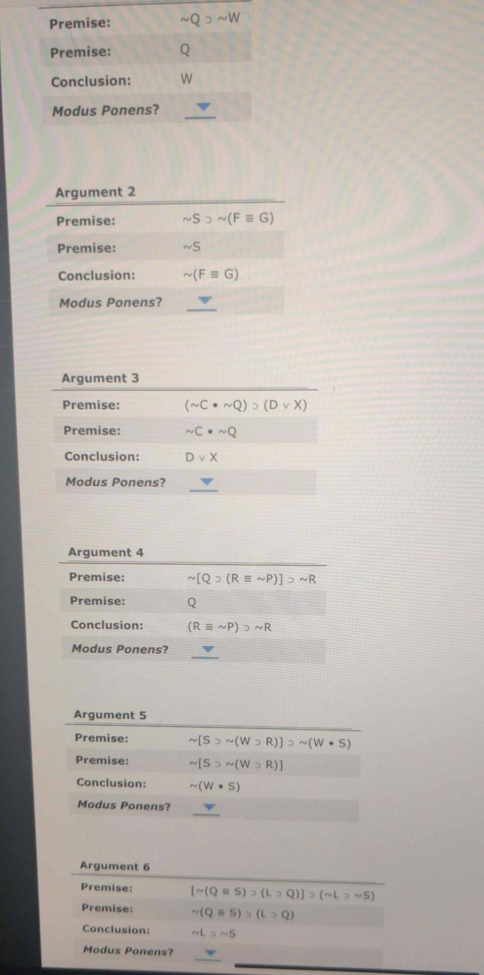 Solved Premise: ~Q ~W Premise: Q Conclusion: W Modus Ponens? | Chegg.com