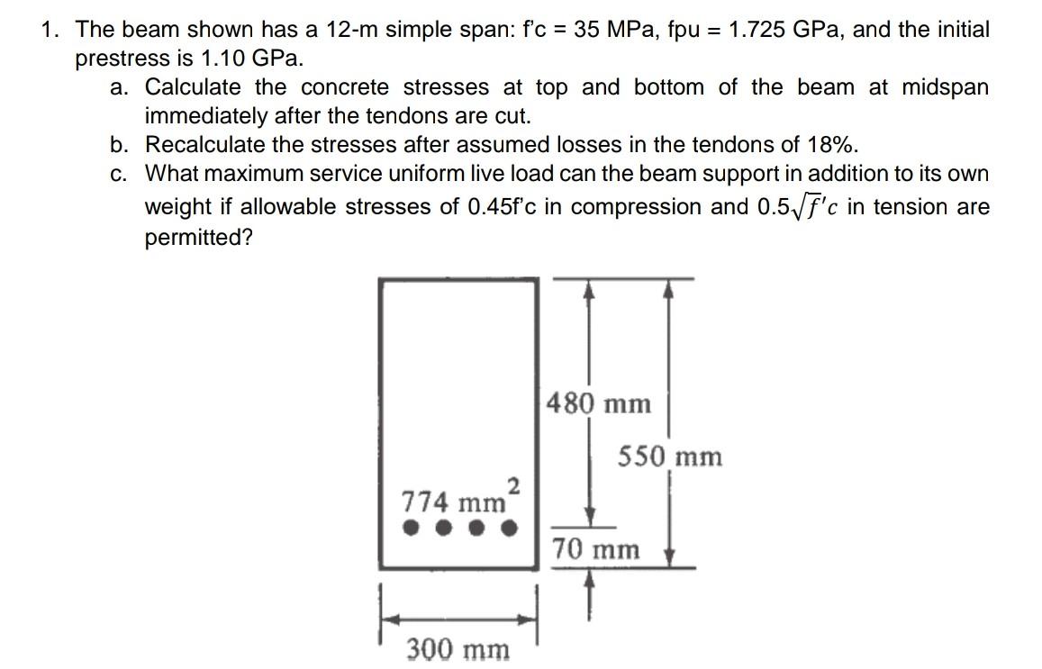 Solved 1. The beam shown has a 12-m simple span: fc = 35 | Chegg.com
