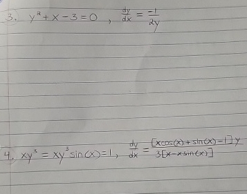 Solved y2+x-3=0,dydx=-12yxy3=xy3sin(x)=1,dydx=[xcos(x)+sin(x | Chegg.com