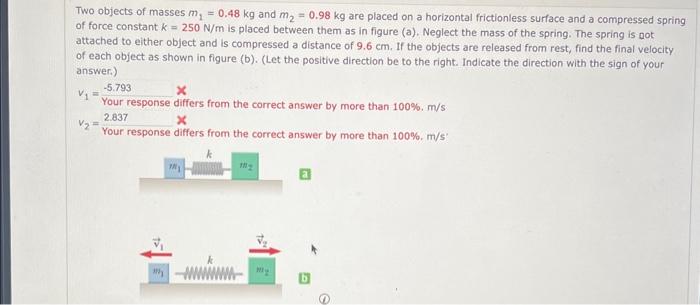 Solved Two objects of masses m1=0.48 kg and m2=0.98 kg are | Chegg.com