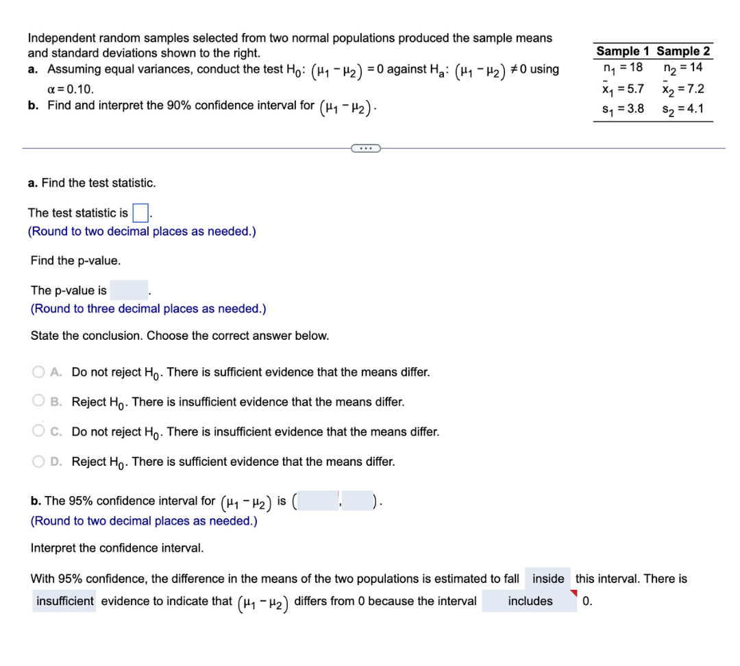 Independent random samples selected from two normal | Chegg.com