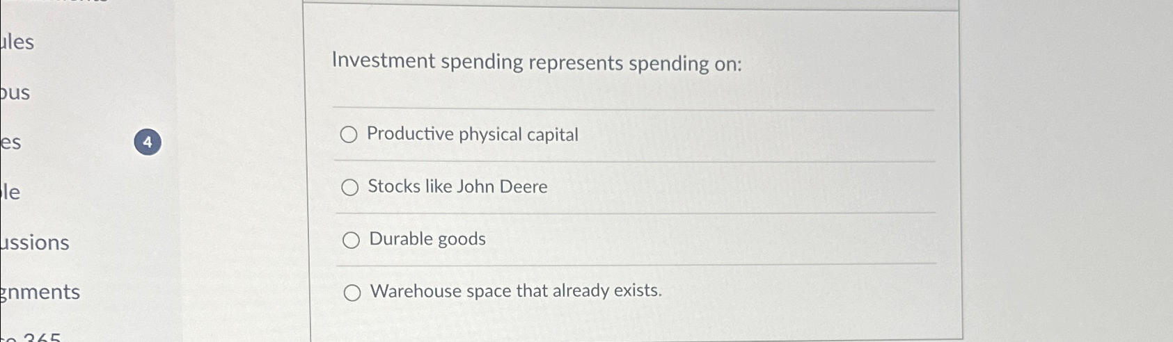Solved Investment spending represents spending on:Productive | Chegg.com