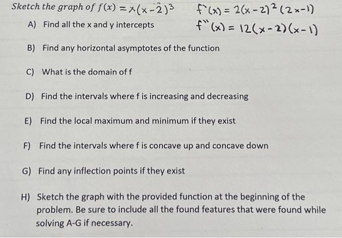 Solved Sketch the graph of f(x)=x(x−2)3f′(x)=2(x−2)2(2x−1) | Chegg.com
