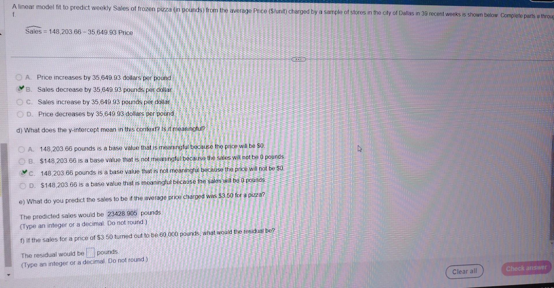 Solved A linear model fit to predict weekly Sales of frozen | Chegg.com