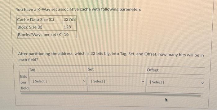 Solved You have a K-Way set associative cache with following | Chegg.com