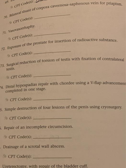 Solved CPT Code s 70 Bilateral Shunt Of Corpora Chegg