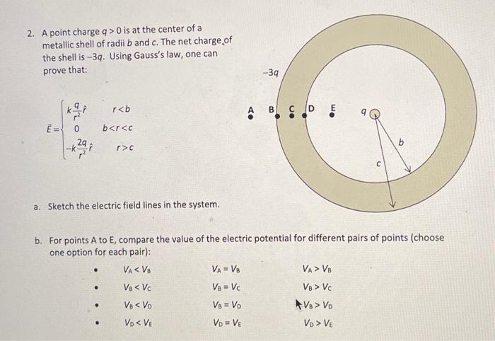 Solved 2. A point charge q>0 is at the center of a metallic | Chegg.com