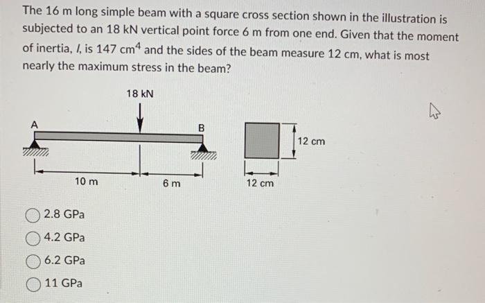 Solved The 16 m long simple beam with a square cross section | Chegg.com