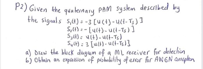 Solved P2) Given the quaternary PAM system described by the | Chegg.com