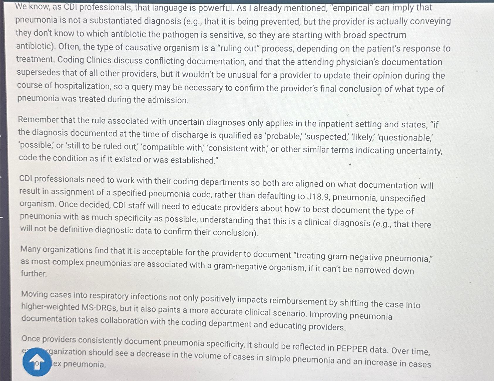 Solved A best practice is to always query for pneumonia | Chegg.com
