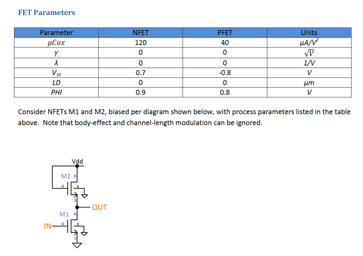 Solved FET ParametersConsider NFETs M1 ﻿and M2, ﻿biased per | Chegg.com