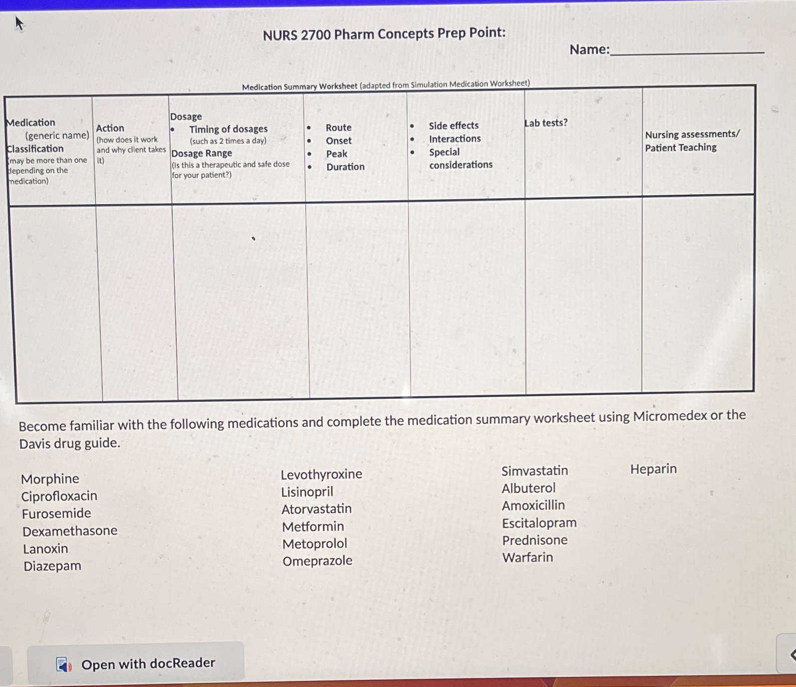 Solved NURS 2700 ﻿Pharm Concepts Prep Point:Name:Medication | Chegg.com