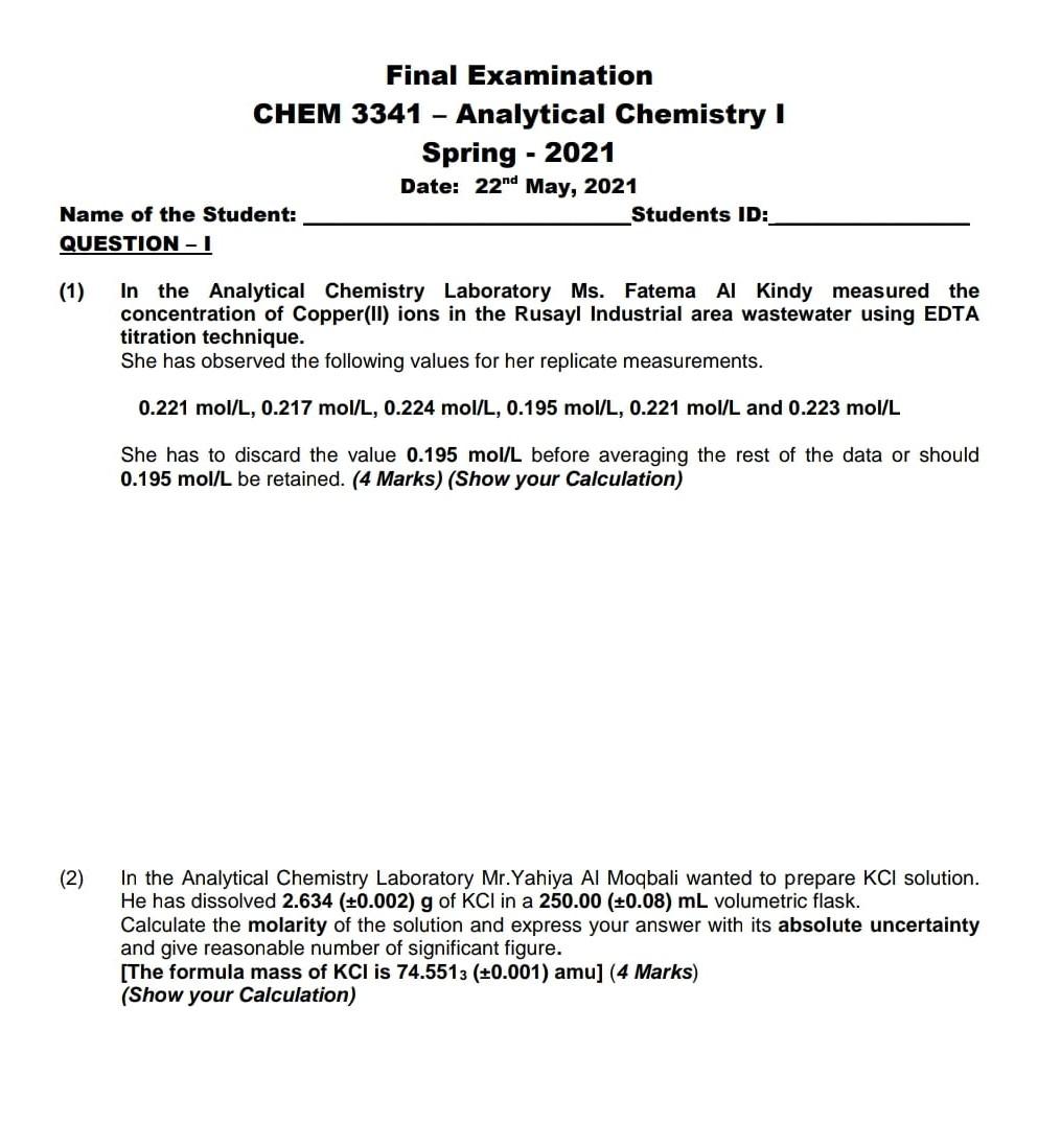 Solved Final Examination CHEM 3341 - Analytical Chemistry I | Chegg.com