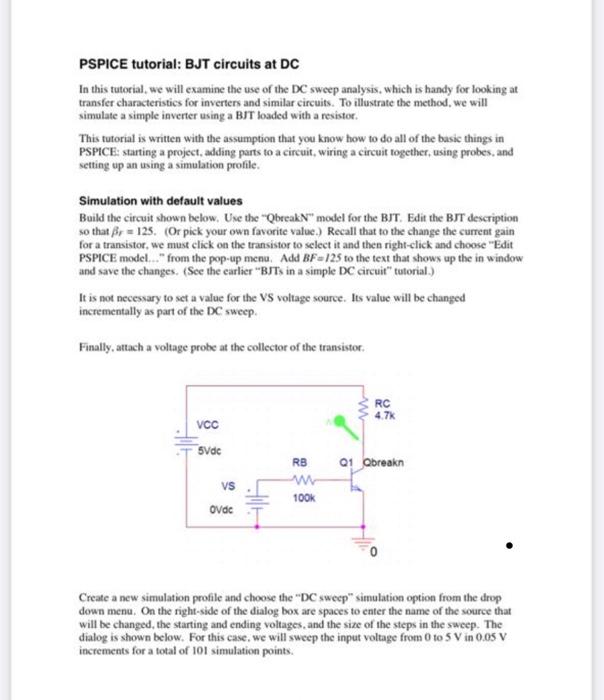 Solved PSPICE tutorial: BJT circuits at DC In this tutorial, | Chegg.com